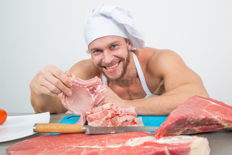 Chef Bodybuilder Preparing Large Chunks of Raw Meat. Natural Proteins ...