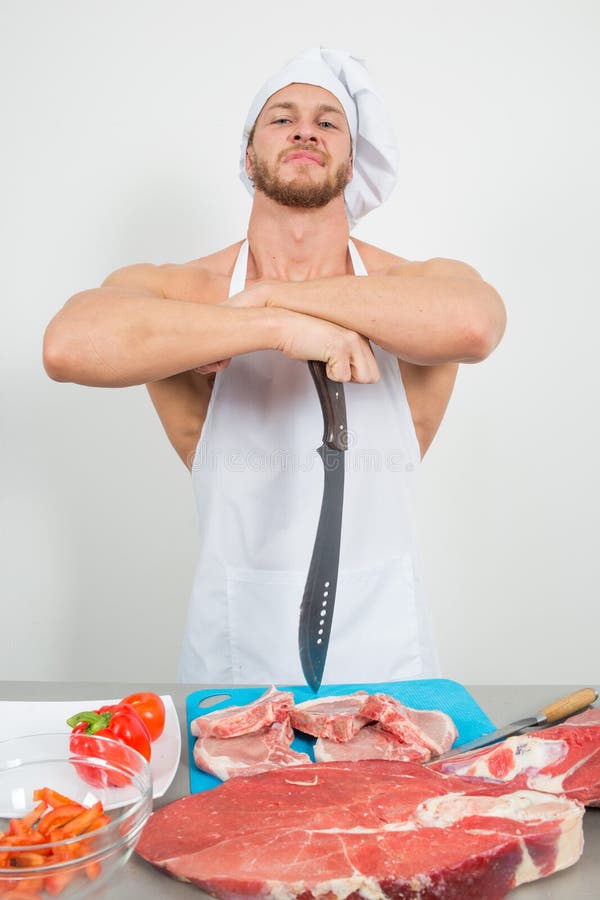 Chef Bodybuilder Preparing Large Chunks of Raw Meat. Natural Proteins ...