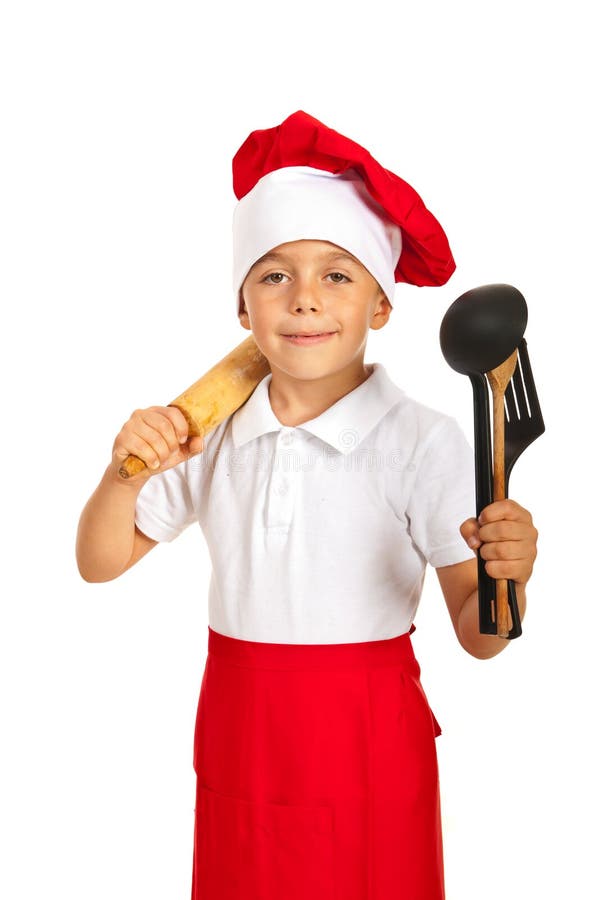 Chef Boy Holding Kitchen Utensils Stock Image - Image of holding, ready ...