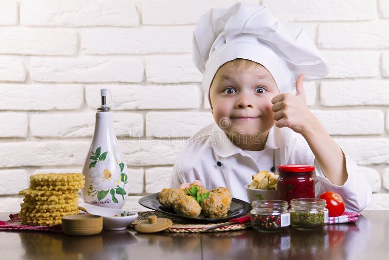 Chef Boy in White Uniform Cooked Meatballs Stock Image - Image of ...