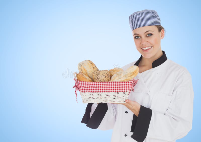 Chef with Bread Against Blue Background Stock Photo - Image of ...