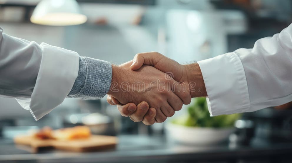 Chef and Businessman Shake Hands in Kitchen, Finalizing Catering ...