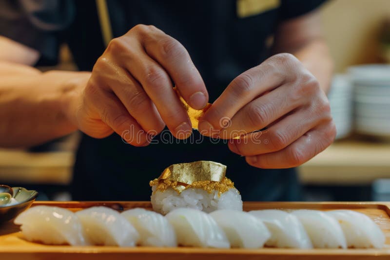 Chef Carefully Placing a Leaf of Gold on Top of Nigiri Stock ...