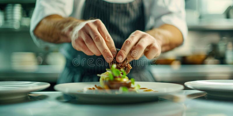Chef Carefully Plating a Gourmet Dish in Kitchen. Generative Ai Stock ...