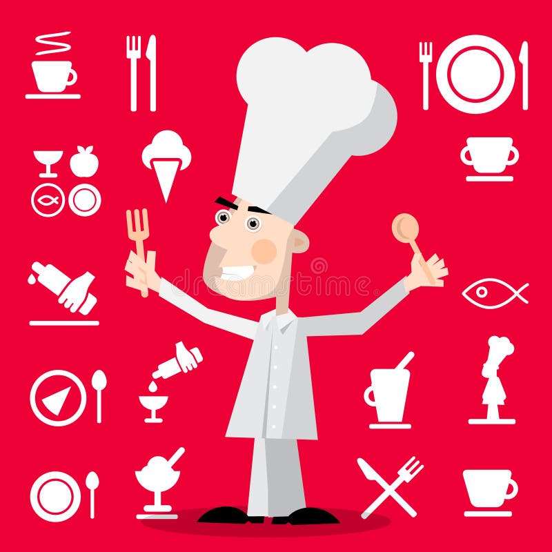 Chef Cartoon with Restaurant Menu Icons on Red Background. Stock Vector ...