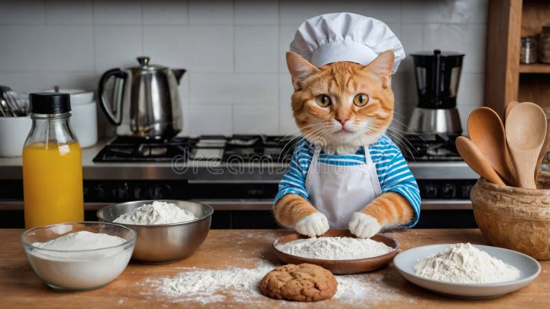 Chef Cat Baking in a Kitchen. a Ginger Cat in a Chef S Hat and Apron ...