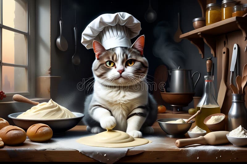 Chef Cat Kneads Dough in the Kitchen. Stock Photo - Image of chef ...