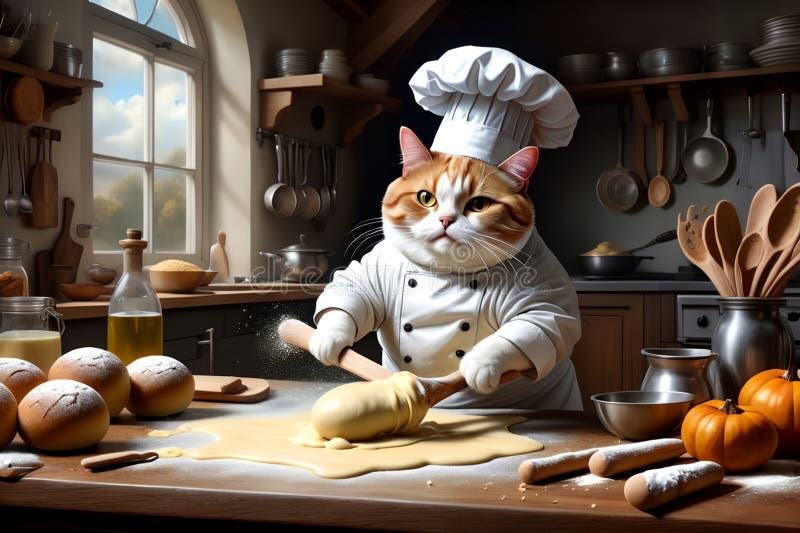 Chef Cat Kneads Dough in the Kitchen. Stock Photo - Image of ...