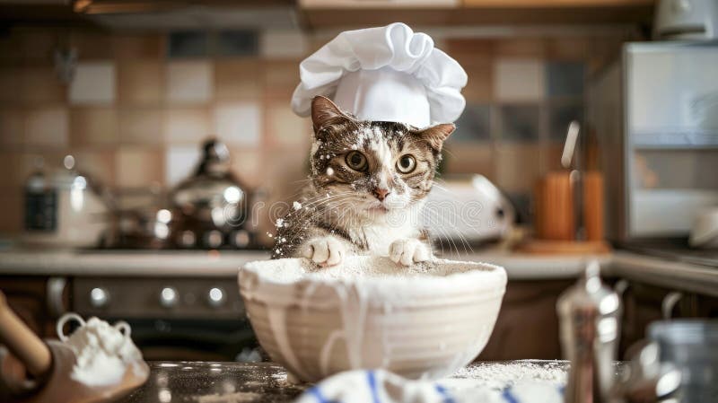 Chef Cat Making a Mess with Flour in the Kitchen Stock Photo - Image of ...