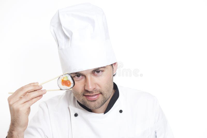 Chef in Chef S Hat with Sushi Stock Image - Image of dish, clothes ...