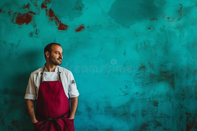 Chef with a Cherry Red Apron and Azure Kitchen Wall Stock Image - Image ...