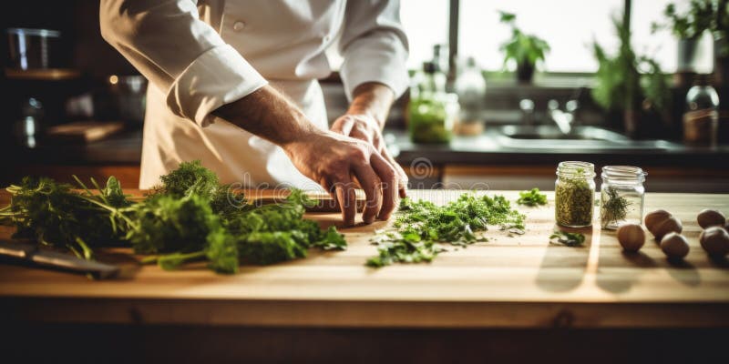 A Chef Chopping Greens on a Cutting Board, AI Stock Photo - Image of ...