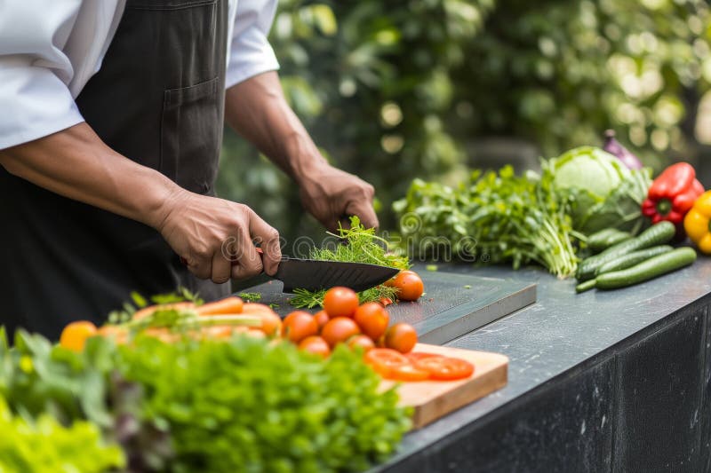 Chef Chopping Vegetables on an Outdoor Counter Stock Photo - Image of ...