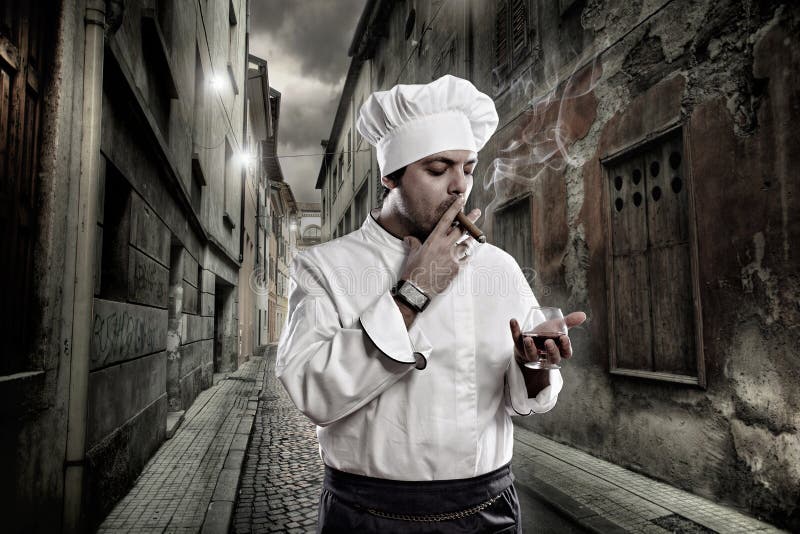 Chef with Cognac and Cigar Smoking Stock Image - Image of smoke ...