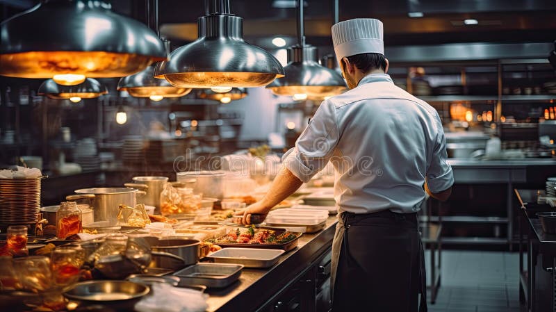 Chef on commercial kitchen stock illustration. Illustration of heat ...