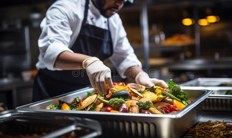 Chef in a Commercial Kitchen Practicing Sustainability by Sorting ...
