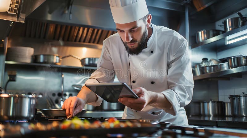 Chef Controlling a Smart Stove with a Tablet in a Tech-enabled Kitchen ...