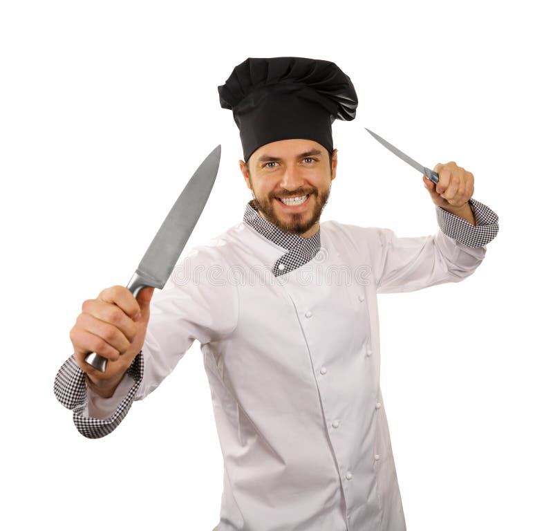 Chef Cook with Knives in Hands Isolated on White Stock Image - Image of ...