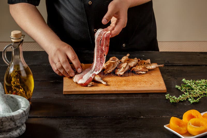 Preparing Quail Specialty, Rolling Quail with Bacon Stock Image - Image ...