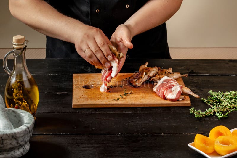 Preparing Quail Specialty, Rolling Quail with Bacon Stock Image - Image ...