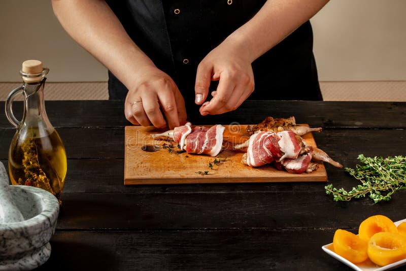 Preparing Quail Specialty, Rolling Quail with Bacon Stock Image - Image ...