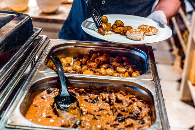 Chef Cook Serves the Dish - Buffet in the Cafe Stock Photo - Image of ...
