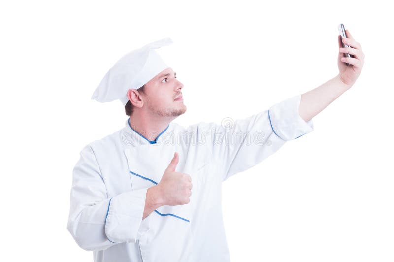 Chef or Cook Taking Selfie with Phone Camera Showing Like Stock Image ...