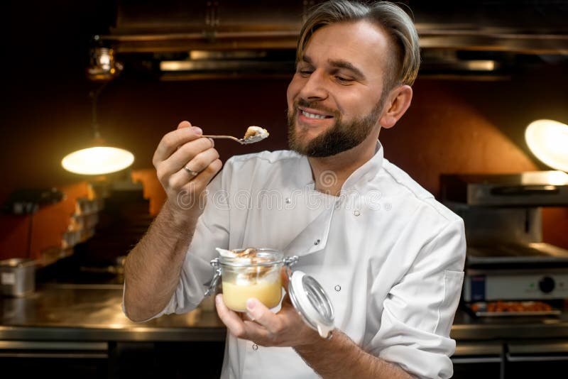 Chef Cook Tasting Lemon Dessert Stock Image - Image of profession, male ...