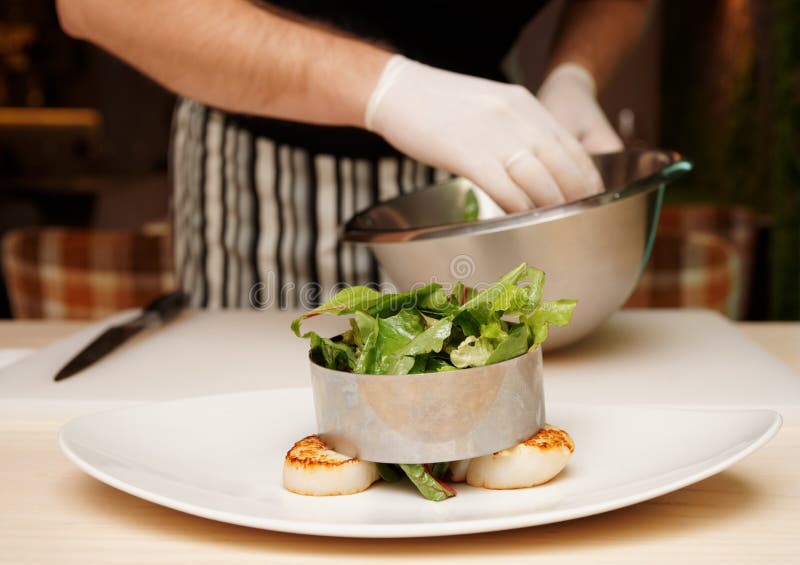 Chef is Cooking Appetizer with Scallops Stock Photo - Image of plate ...