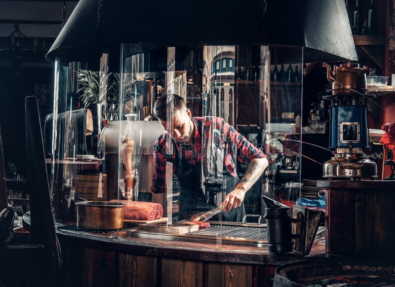 Chef Cooking Beef Steak on a Kitchen. Stock Photo - Image of protein ...