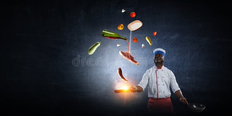 Chef Cooking on Black Background Stock Image - Image of cooked ...