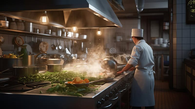 Chef Cooking in a Busy Restaurant Kitchen Back View. Generative AI ...