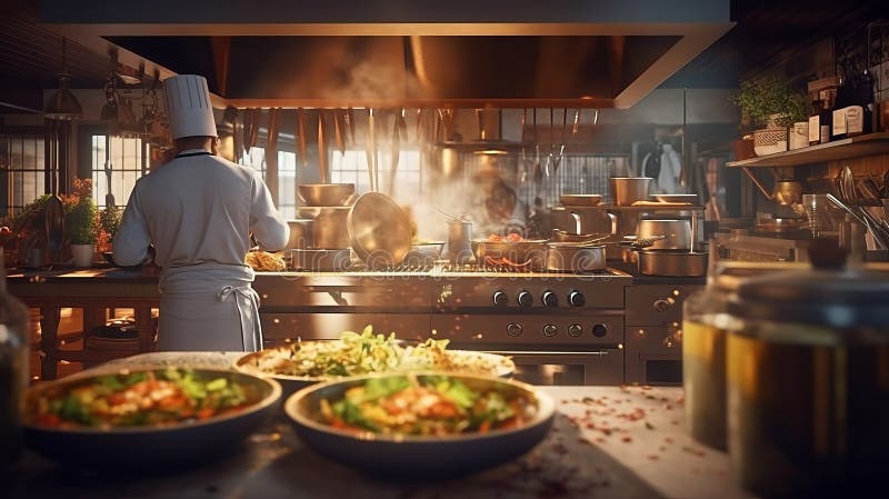 Chef Cooking in a Busy Restaurant Kitchen Back View. Generative AI ...