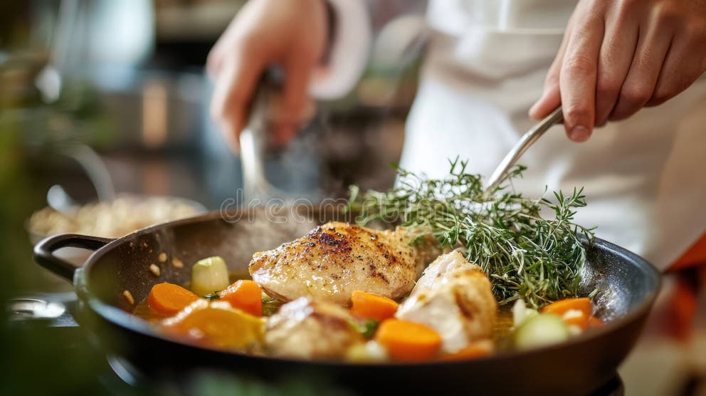 Chef Cooking Chicken with Fresh Herbs and Vegetables in a Pan Stock ...
