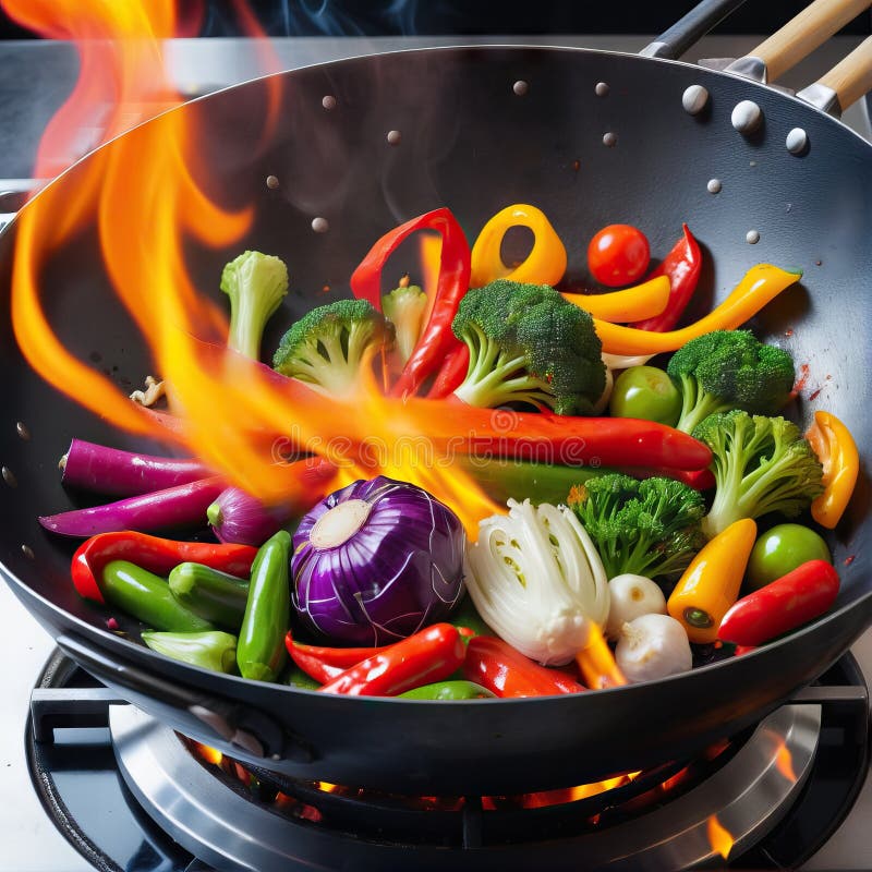 Chef Cooking Colorful Vegetables in Wok with Flames Stock Image - Image ...