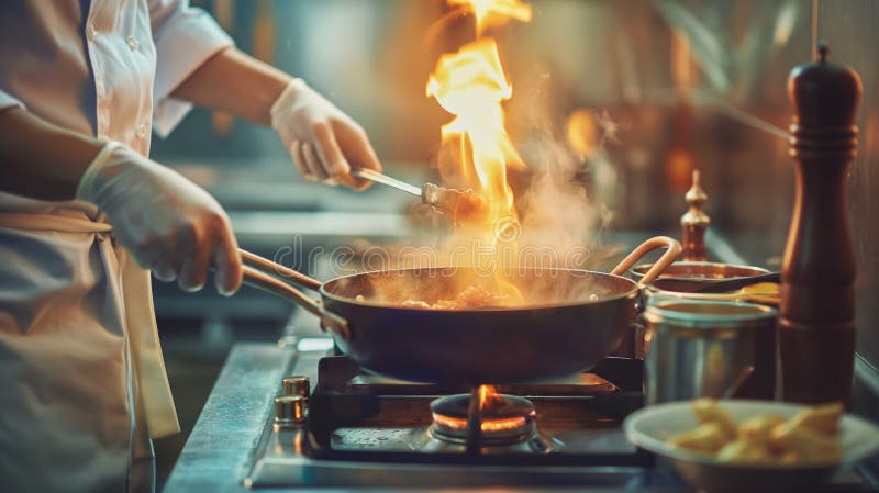 Chef Cooking Delicious Food in a Kitchen Stock Image - Image of plate ...
