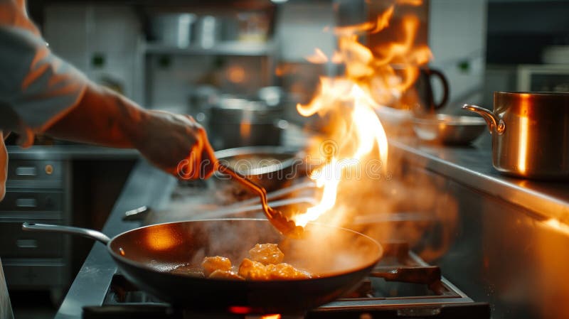 Chef Cooking Delicious Food in a Kitchen, Close Up Stock Image - Image ...
