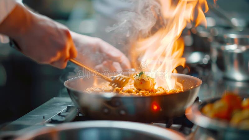 Chef Cooking Dish in Pan with Flames Stock Illustration - Illustration ...