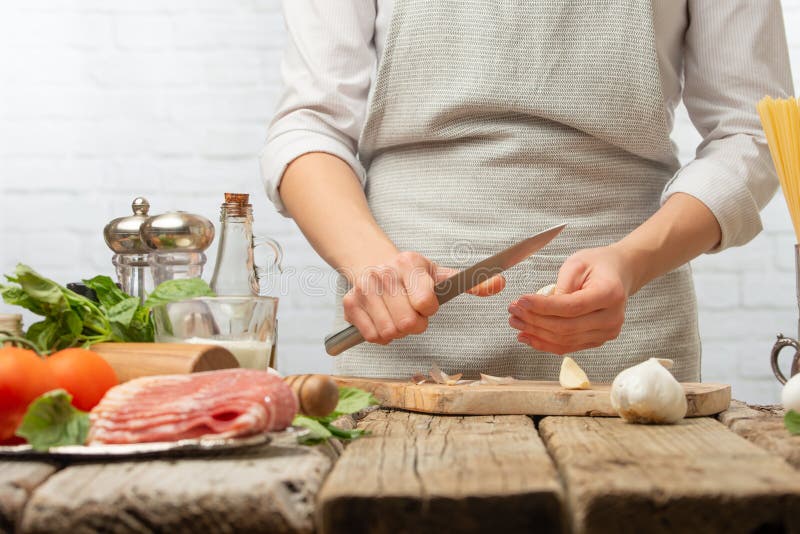 Chef Cooking Dishes with Garlic, Ingredients. Culinary and Gastronomy ...