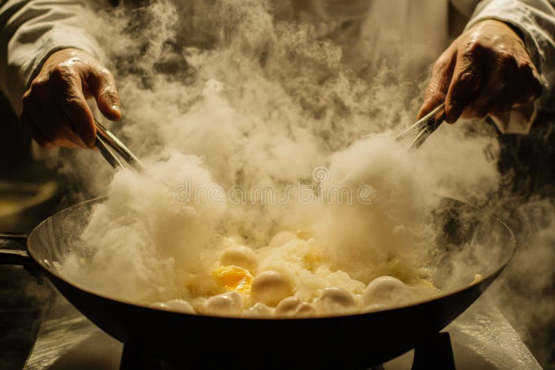 Chef Cooking Eggs in Steam-filled Kitchen with Skillful Hands Stock ...