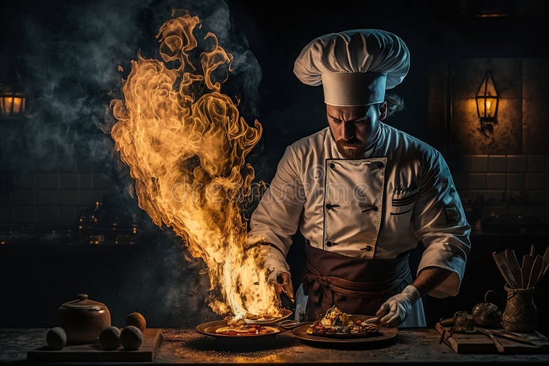 Chef Cooking with Fire. Generative AI Stock Illustration - Illustration ...