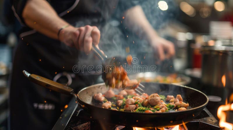 Chef Cooking with Fire in Professional Kitchen Stock Illustration ...