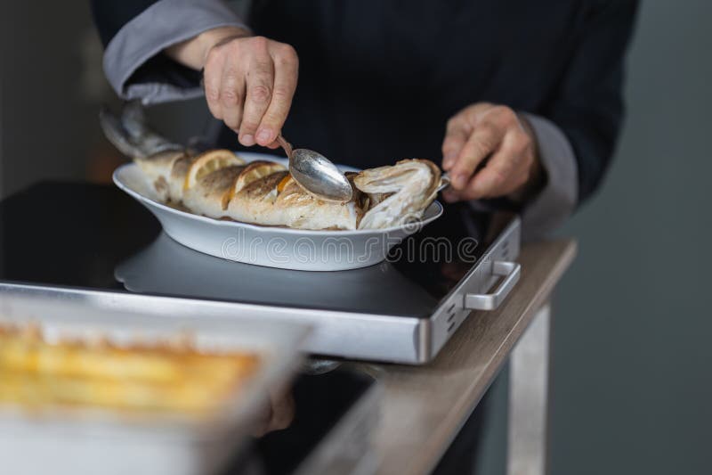 The Chef is Cooking Fish in Restarant Stock Image - Image of closeup ...