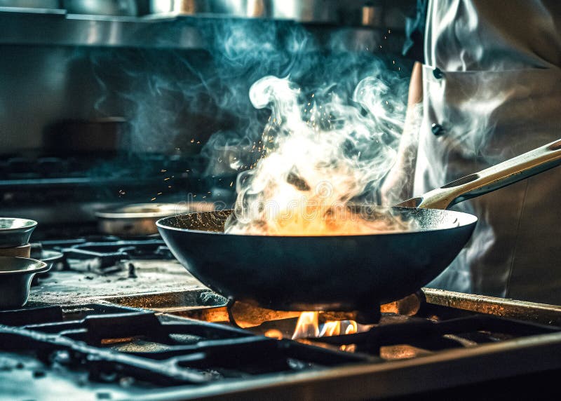 Chef Cooking with Flame in a Frying Pan on a Kitchen Stove, Chef in ...