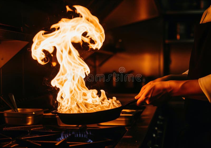 Chef Cooking with a Flaming Pan in a Restaurant Kitchen a Dramatic ...
