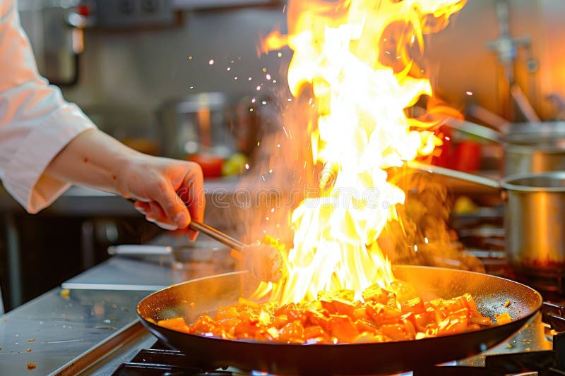A Chef is Cooking Food in a Pan with a Lot of Fire Stock Image - Image ...