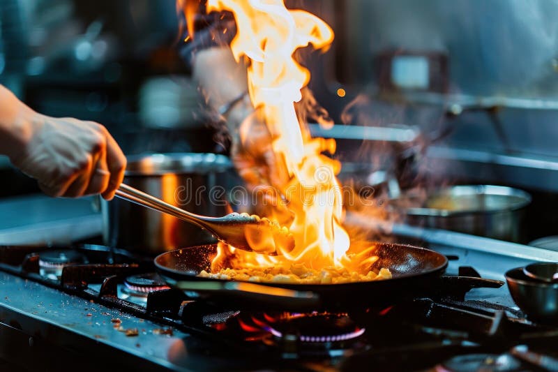 A Chef is Cooking Food in a Pan with a Lot of Fire Stock Photo - Image ...