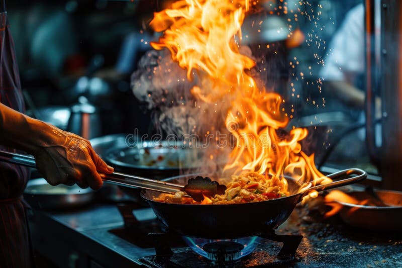 A Chef is Cooking Food in a Pan with a Lot of Fire Stock Photo - Image ...