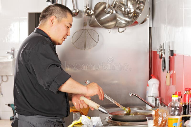 Chef Cooking Food in Wok Pan Stock Photo - Image of adult, cuisine ...