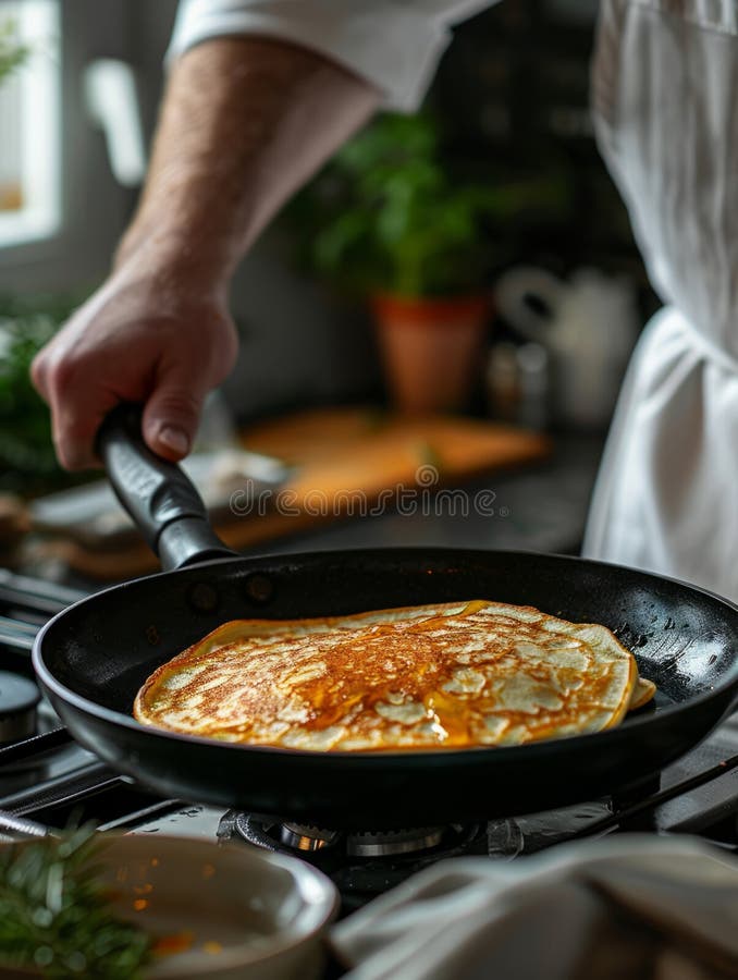 Chef Cooking Golden Brown Pancake Frying Pan Stock Photos - Free ...